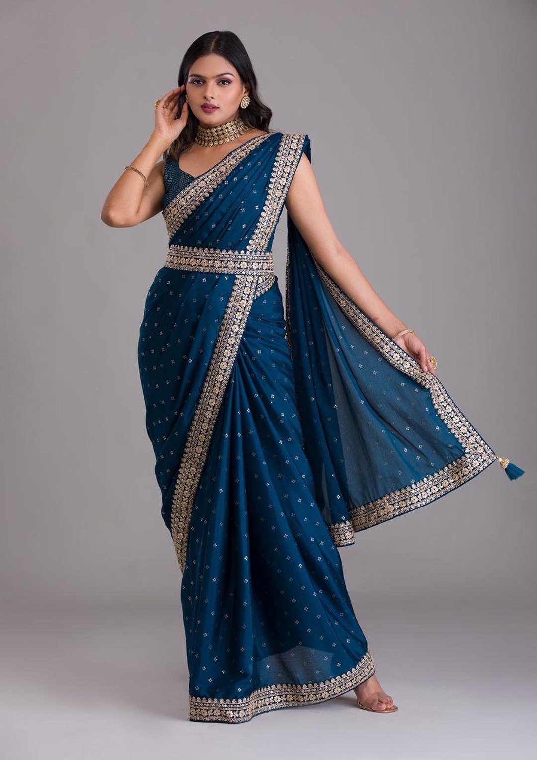 Peacock Color Saree Embroidery Lace Border Work Saree Party - Etsy