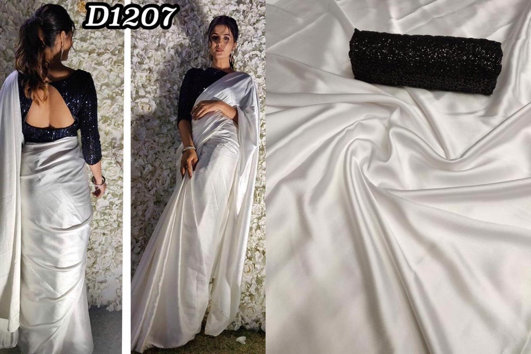 White Colore Designer Saree Satin Silk Designer Saree With Exclusive ...