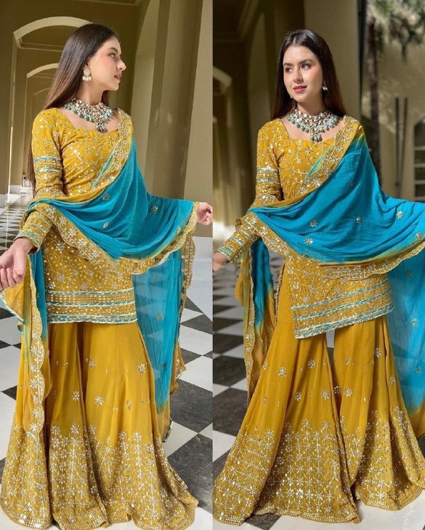 Elegant Blue Sharara,top and Sharara With Dupatta,indian Traditional ...