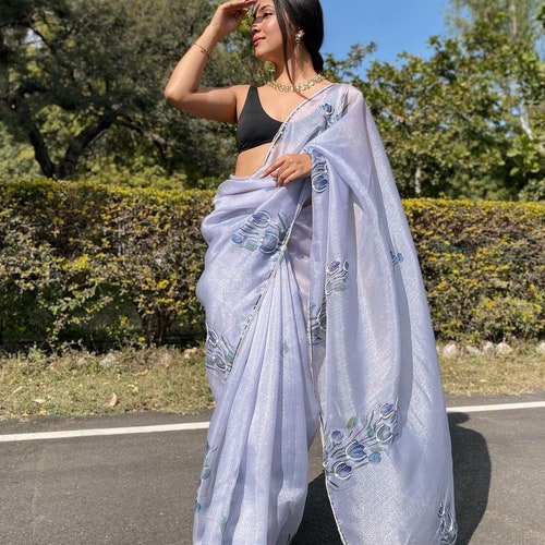 Sky Color Pure Crystal Organza Saree All Over Floral Work - Etsy