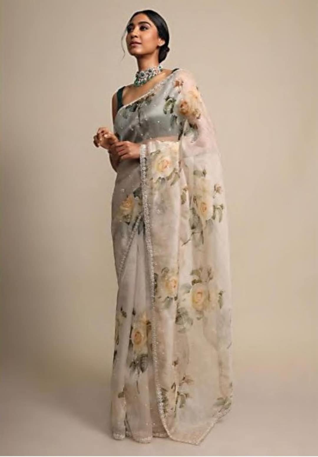 Pure Crystal Organza Saree With All Over Floral Prints and Jerkan and ...