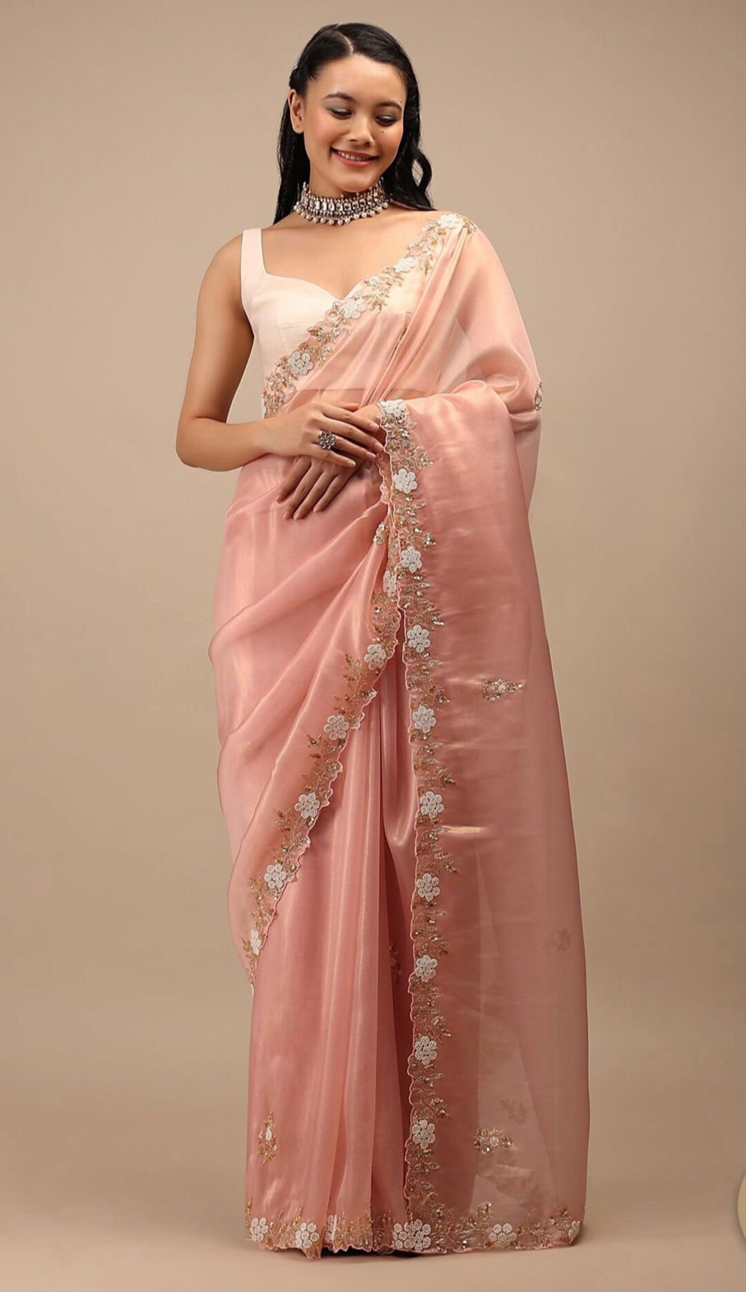 Peach Color Pure Crystal Organza Saree, All Over Floral Prints and ...