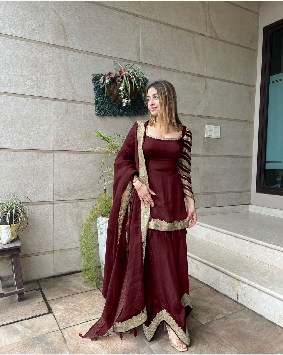 Brown Colour Sharara Salwar Kameez,reyon Silk Sharara Salwar Kameez ...