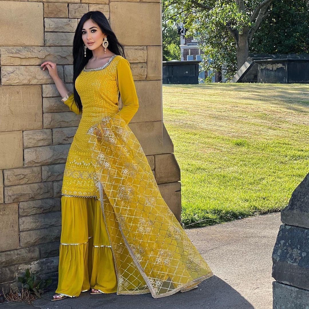 Yellow Color Sharara Salwar Kameez Georgette Sharara Salwar - Etsy
