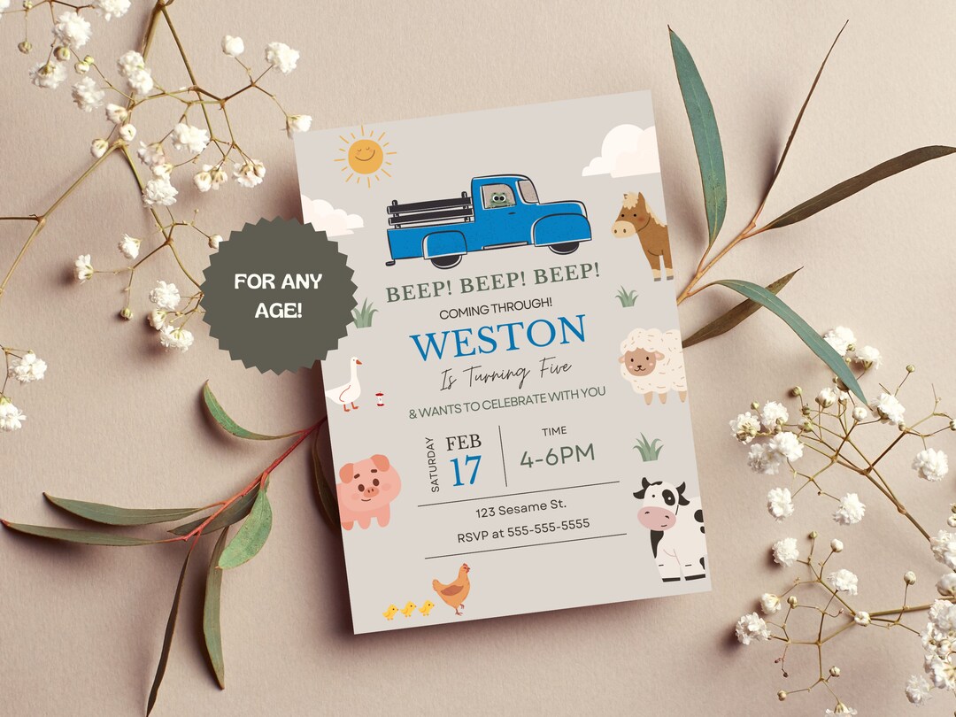 Blue Truck Farm Animal Birthday Invitation | Instant Download ...