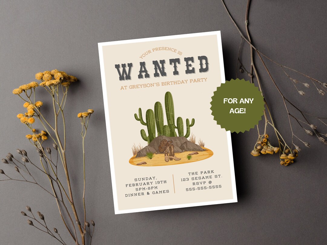 Invitación de cumpleaños de vaquero occidental 'Se busca tu presencia ...
