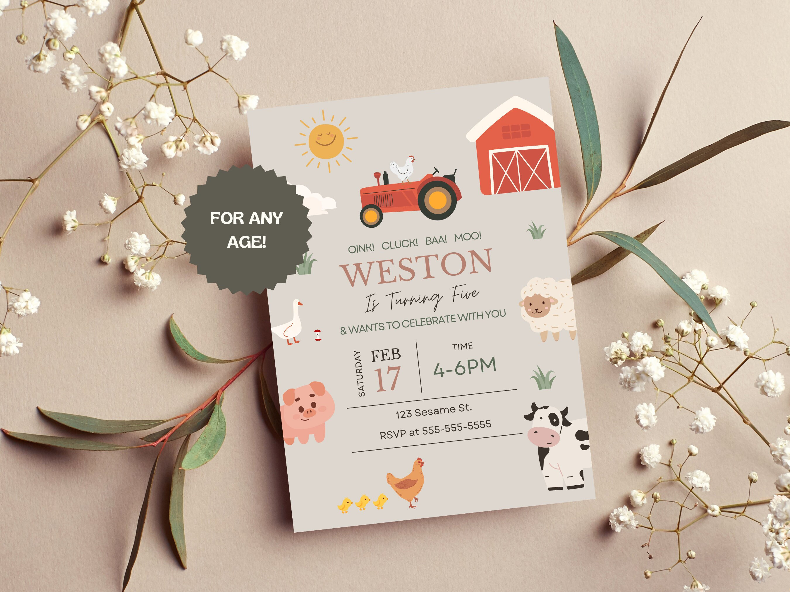 Oink! Cluck! Baa! Moo! Farm Animal Birthday Invitation | Instant ...