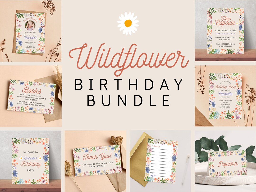 Wildflower Girl Birthday Bundle | Instant Download | Editable Templates ...