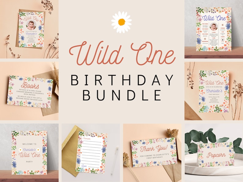 Wild One Wildflower Girl Birthday Bundle | Instant Download | Editable ...