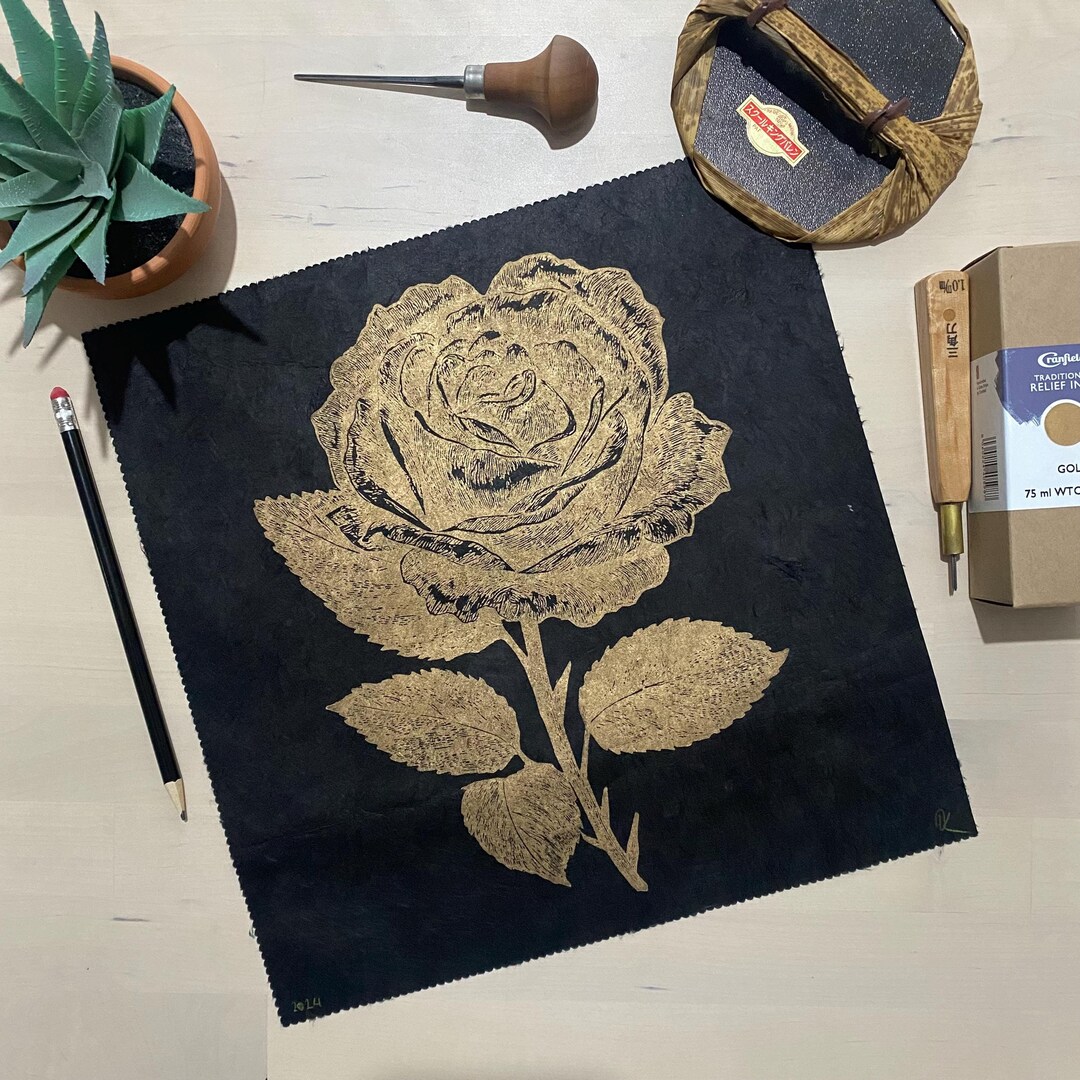 Rose Linocut Print - Gold - Etsy