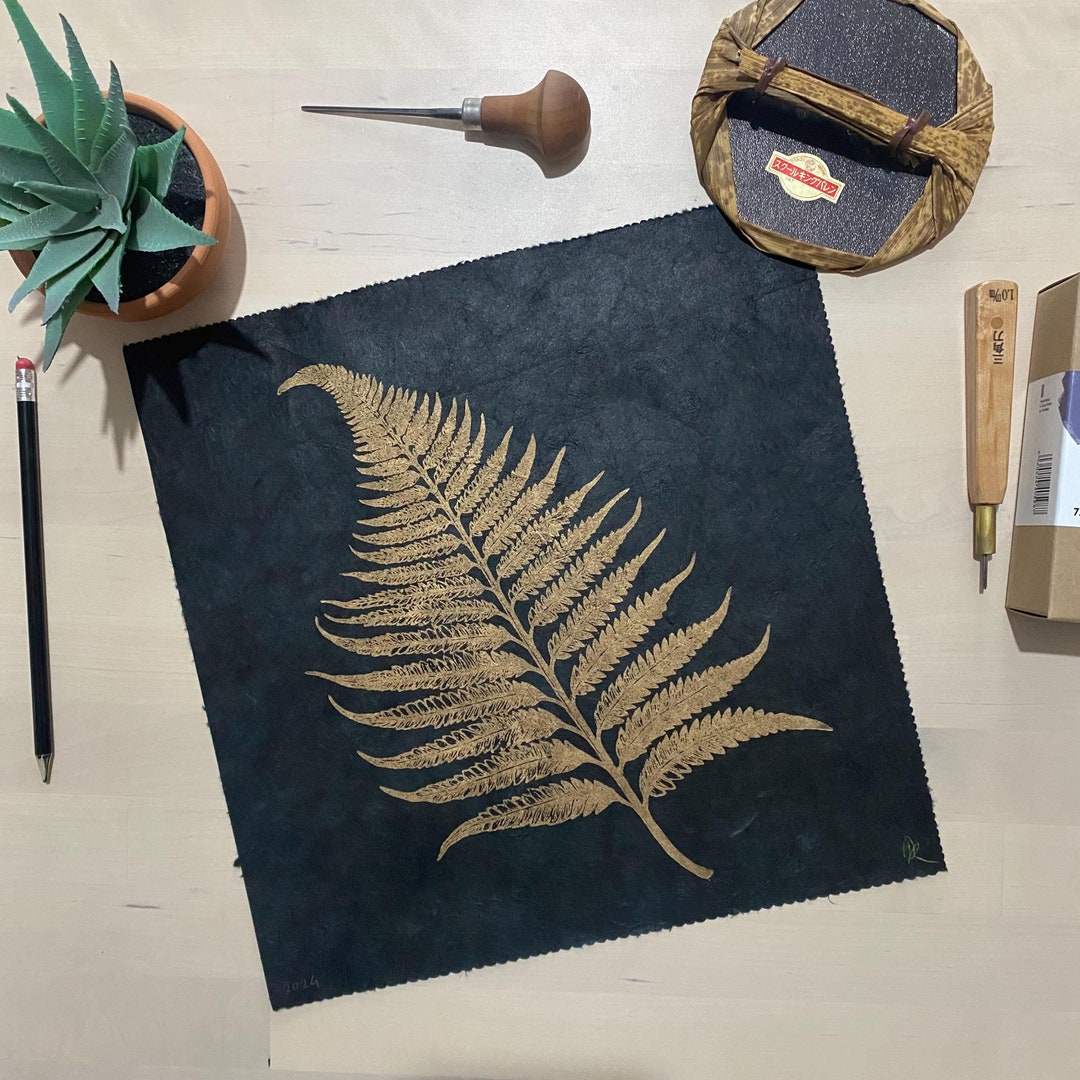 Fern Linocut Print - Gold - Etsy