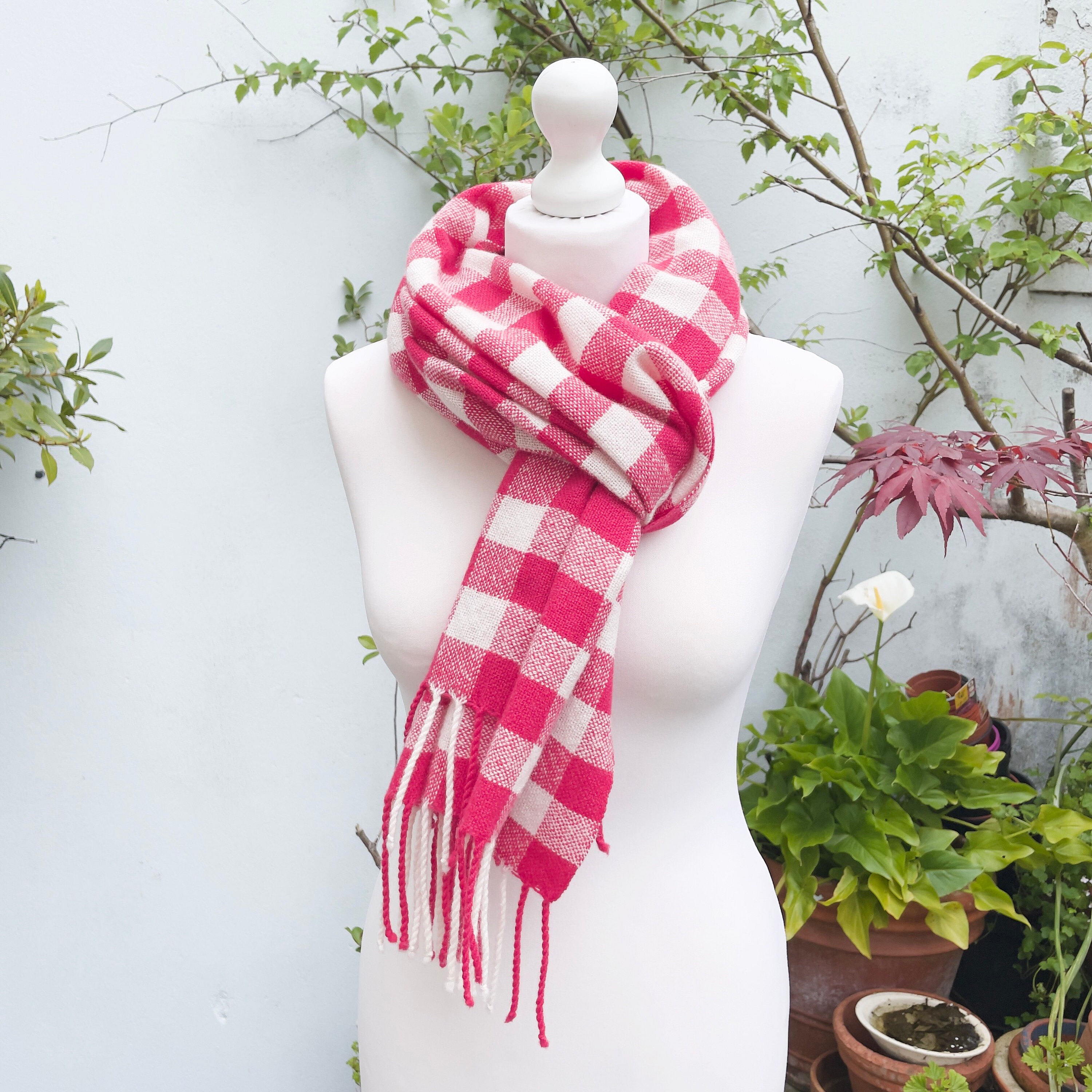 Handwoven Raspberry Pink Lambswool Gingham Scarf. - Etsy