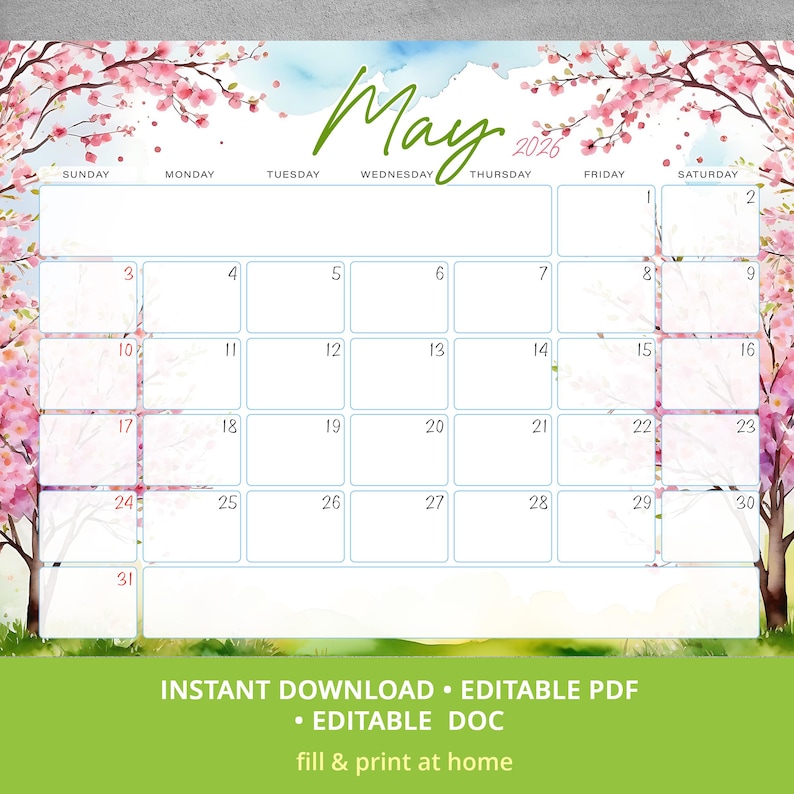 Editable May 2026 Cherry Blossom Calendar, Printable Monthly Planner ...