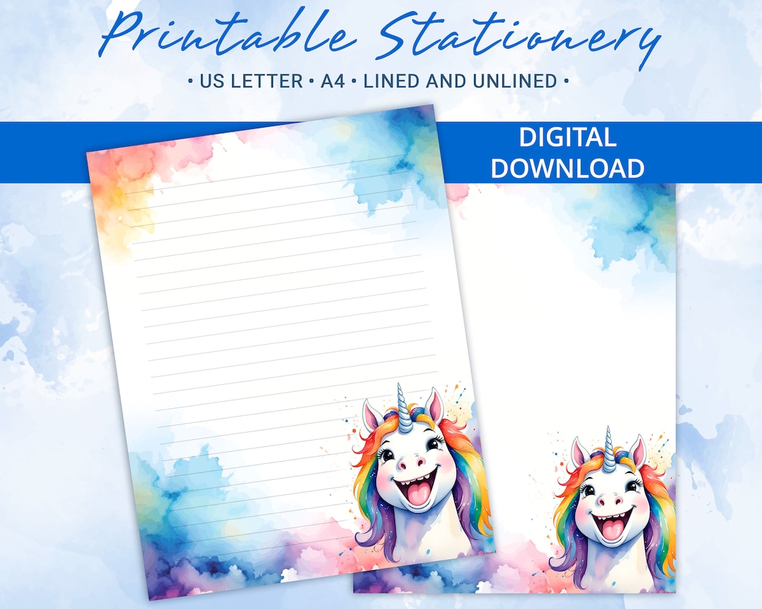 Unicorn Printable Stationery Lined Paper, Cute Letter Writing Paper, A4 ...
