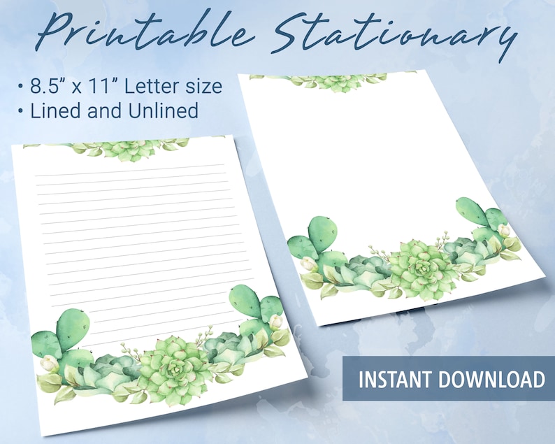 Floral Succulent Printable Stationery Lined Paper, Printable Writing ...