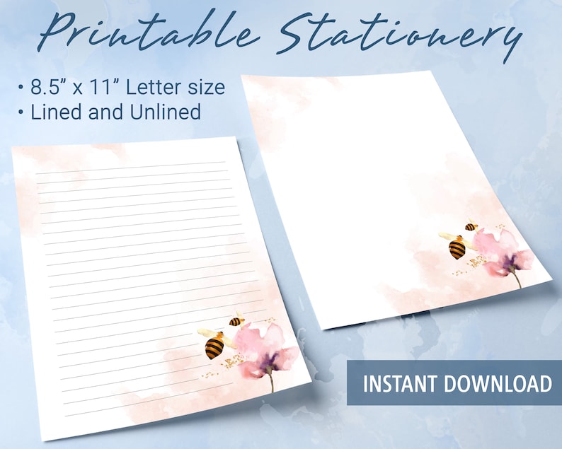Printable Stationery Lined Paper With Honey Bees and Flower, Printable ...