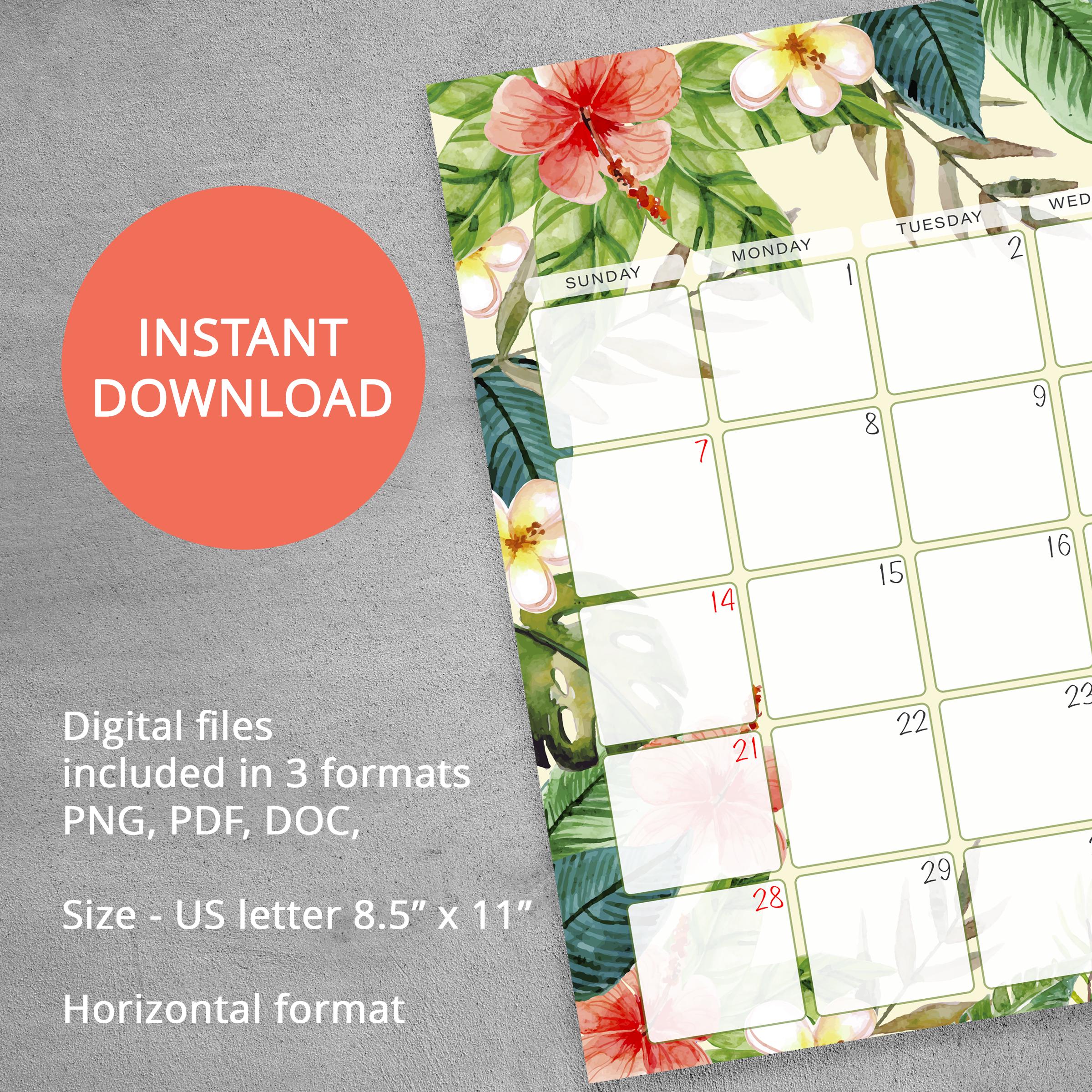 Editable June 2025 Calendar With Tropical Leaves and Monstera, Wall ...