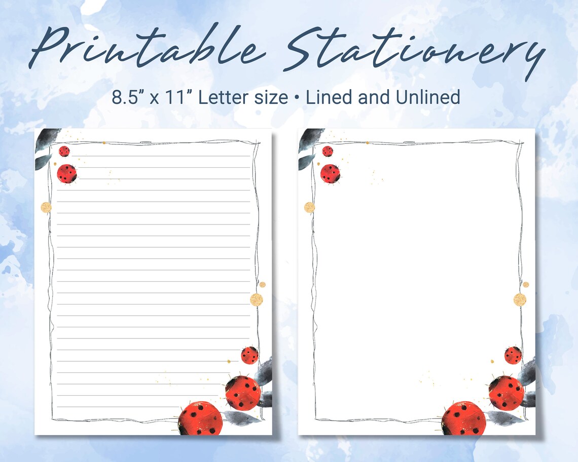 Printable Stationery Lined Paper With Ladybug and Leaves, Printable ...