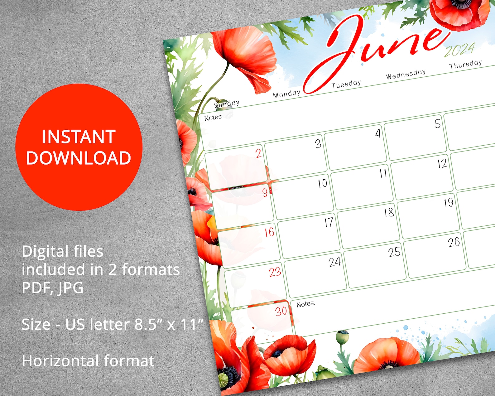 Editable June 2024 Calenda With Bright Poppies Flowers, Summer Wall ...