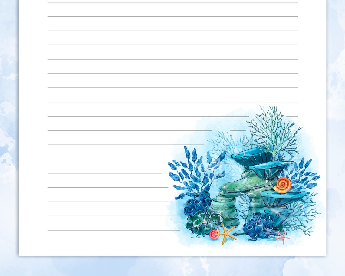 Ocean Printable Stationery Lined Paper, Watercolor Ocean Printable ...