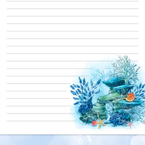 Ocean Printable Stationery Lined Paper, Watercolor Ocean Printable ...