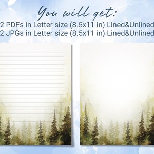 Printable Stationery Lined Paper With Beautiful Watercolor Misty Pine ...