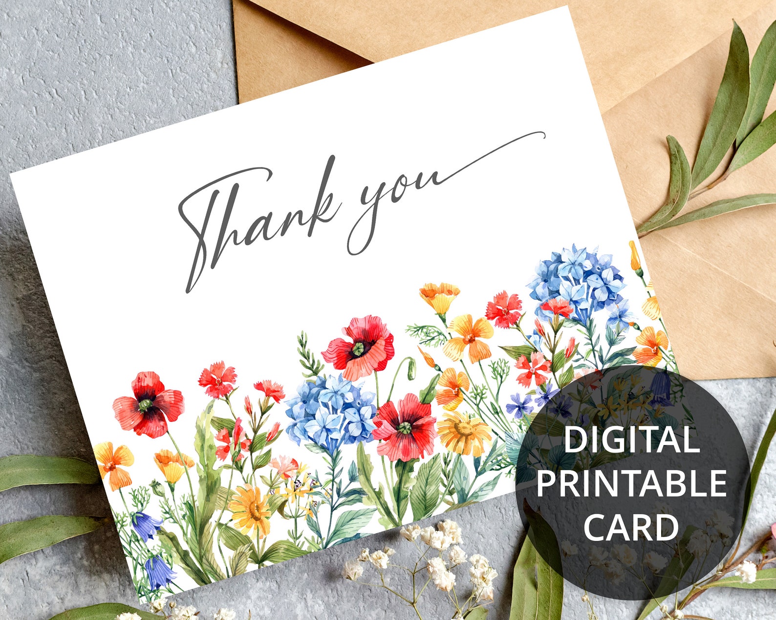 Floral Thank You Card Printable, Thank You Note, Instant Download PDF ...