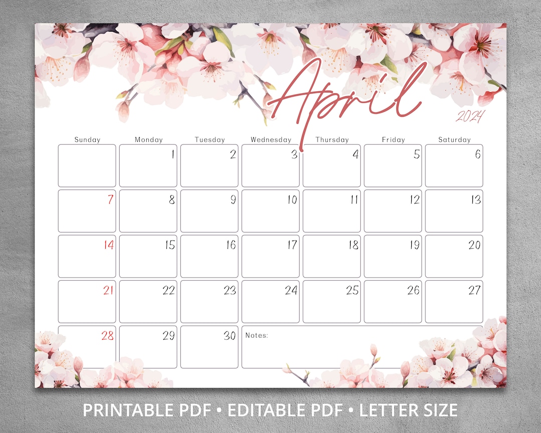 Editable April 2024 Calendar, Floral Printable Fillable Planner With ...