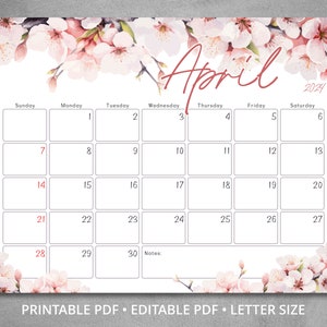 Editable April 2024 Calendar, Floral Printable Fillable Planner With ...