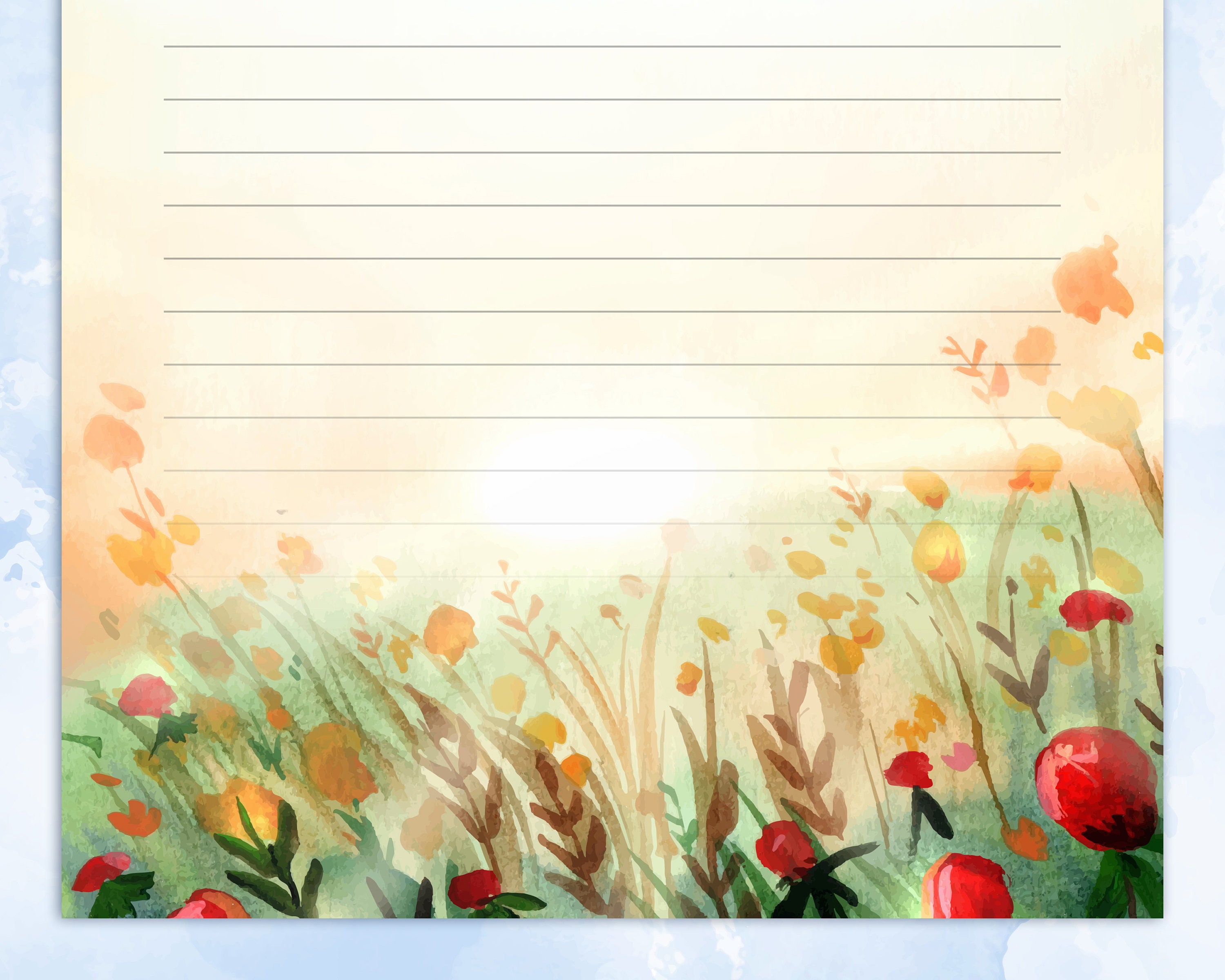 Printable Stationery Lined Paper With Beautiful Rose Garden Landscape ...
