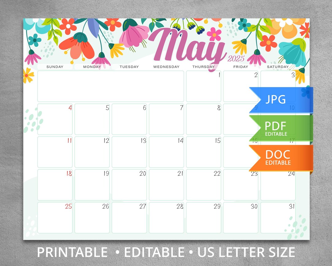 Editable May 2025 Calendar, Floral Spring Wall Calendar 2025, Fillable ...