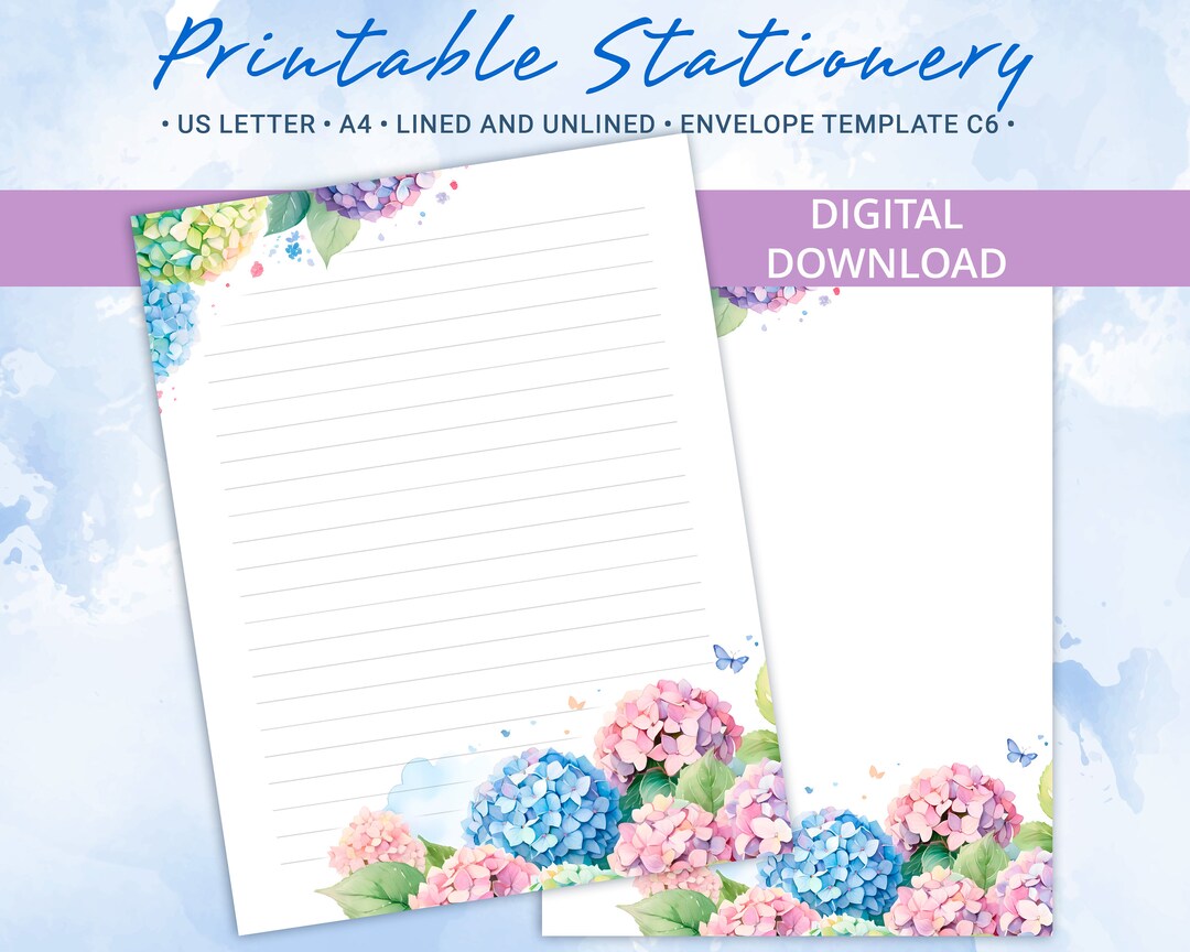 Floral Printable Stationery Paper With Hydrangea, Letter Writing Paper ...