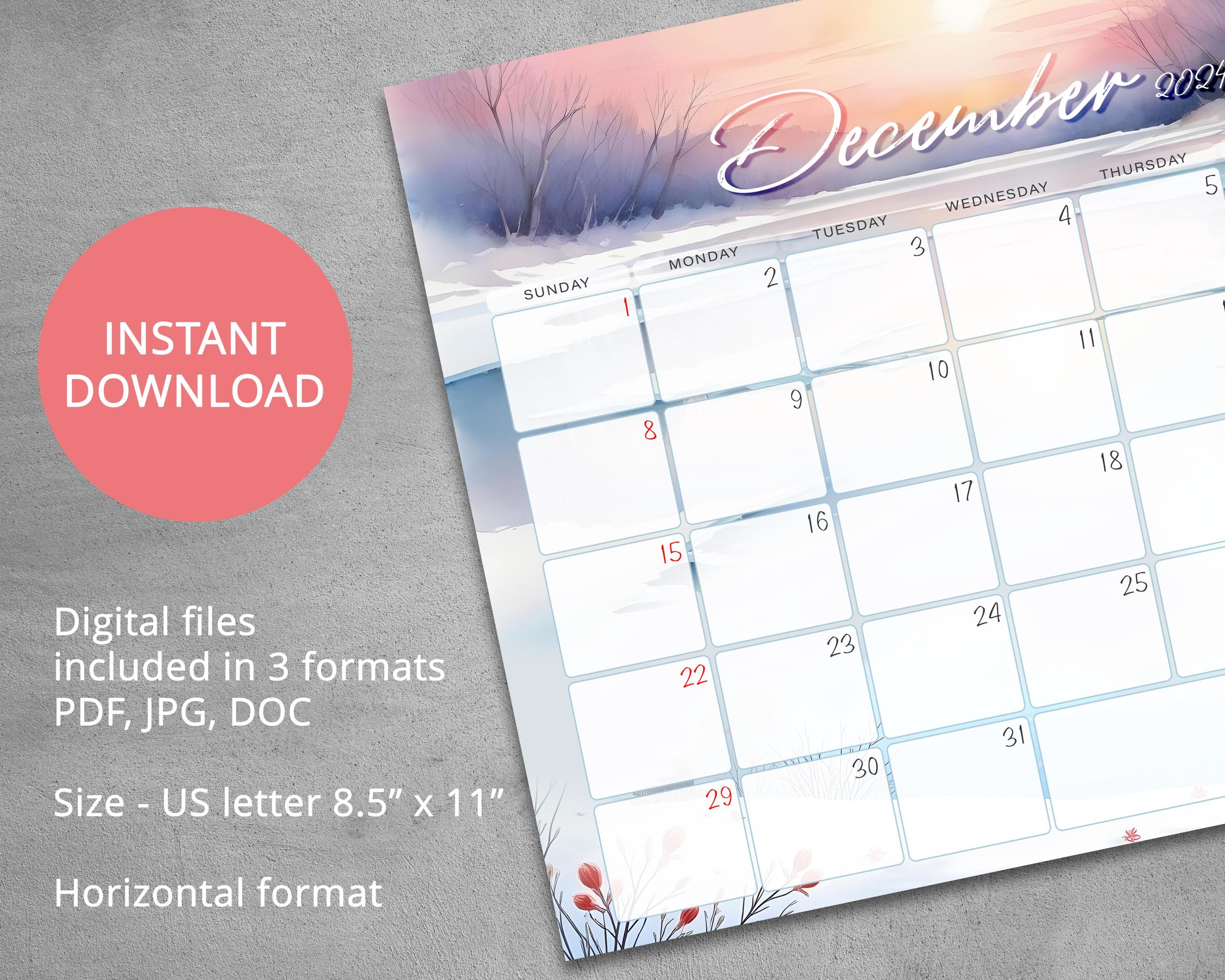 Editable December 2024 Calendar, Wall Calendar With Winter Landscape ...