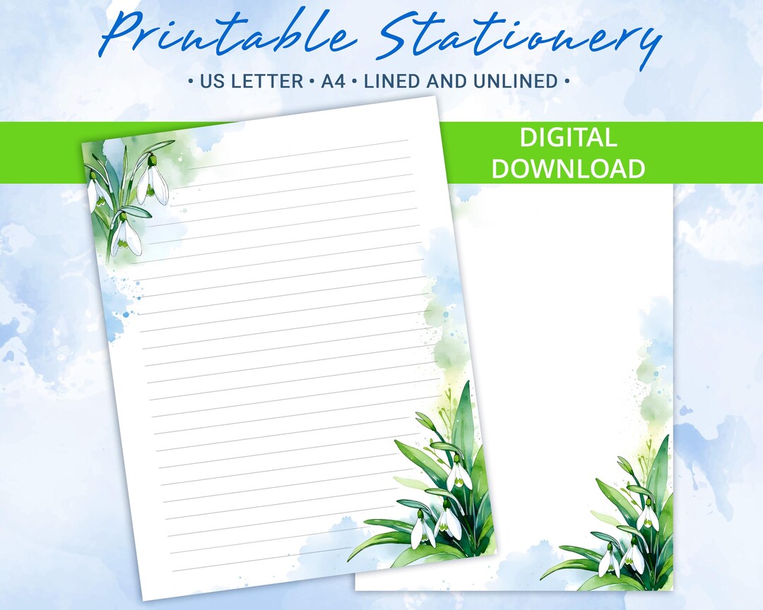 Floral Printable Stationery Paper, Snowdrop Writing Paper, A4 & US ...