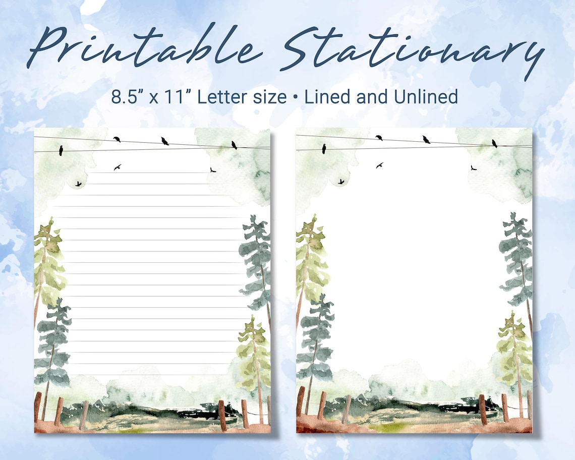 Printable Stationary Paper Green Forest Landscape Watercolor - Etsy