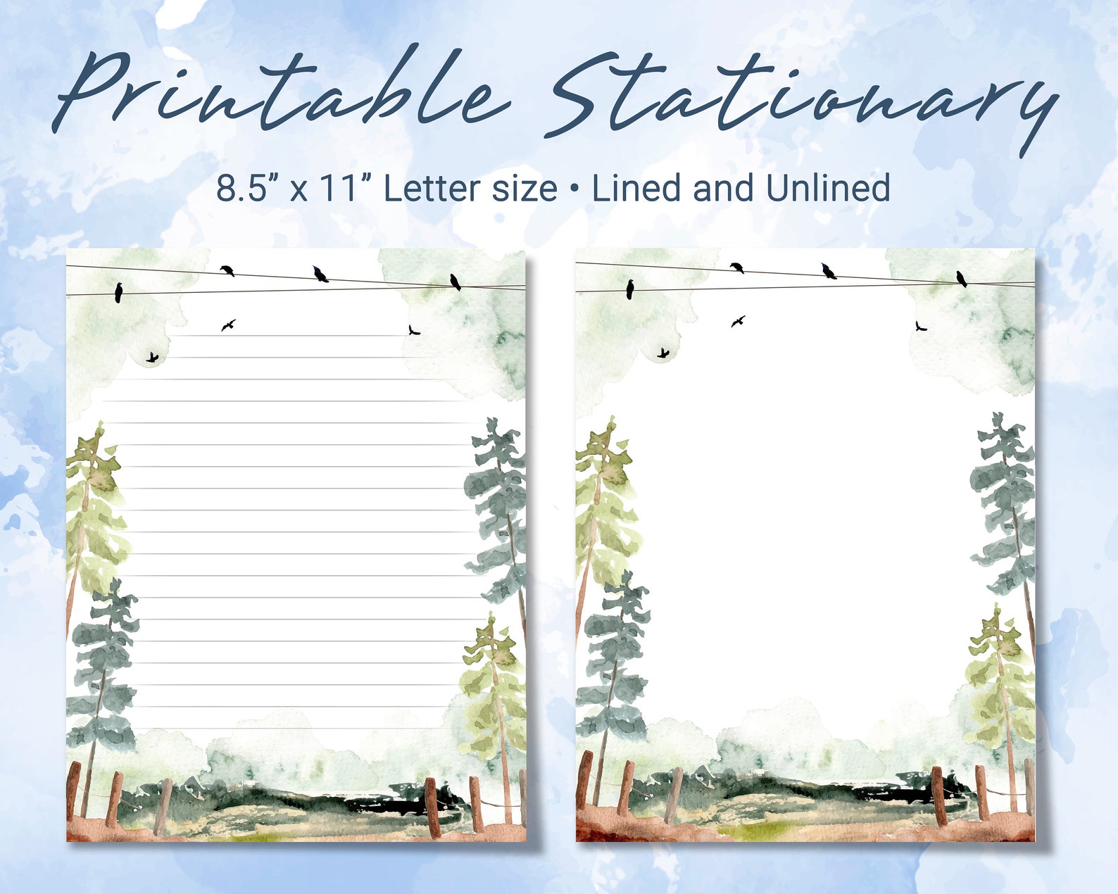 Printable Stationary Paper Green Forest Landscape Watercolor - Etsy