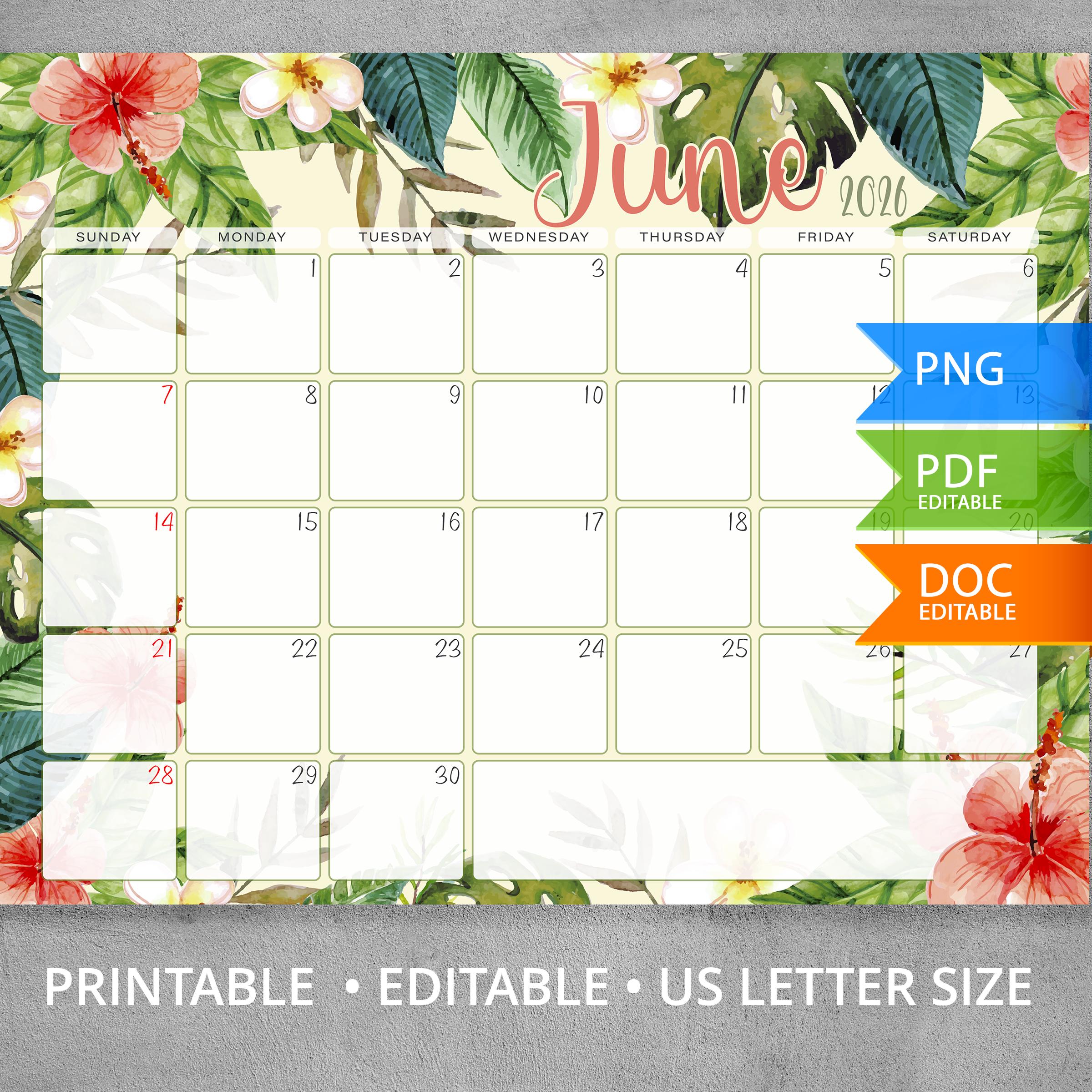 Editable June 2025 Calendar With Tropical Leaves and Monstera, Wall ...
