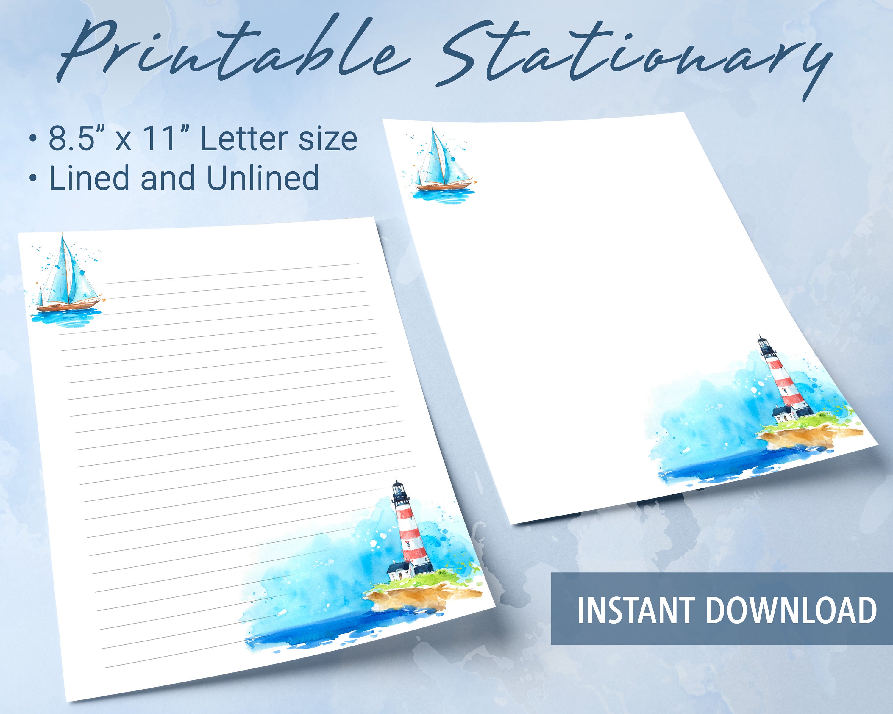 Printable Stationary, Watercolor Lighthouse at the Seaside Printable ...