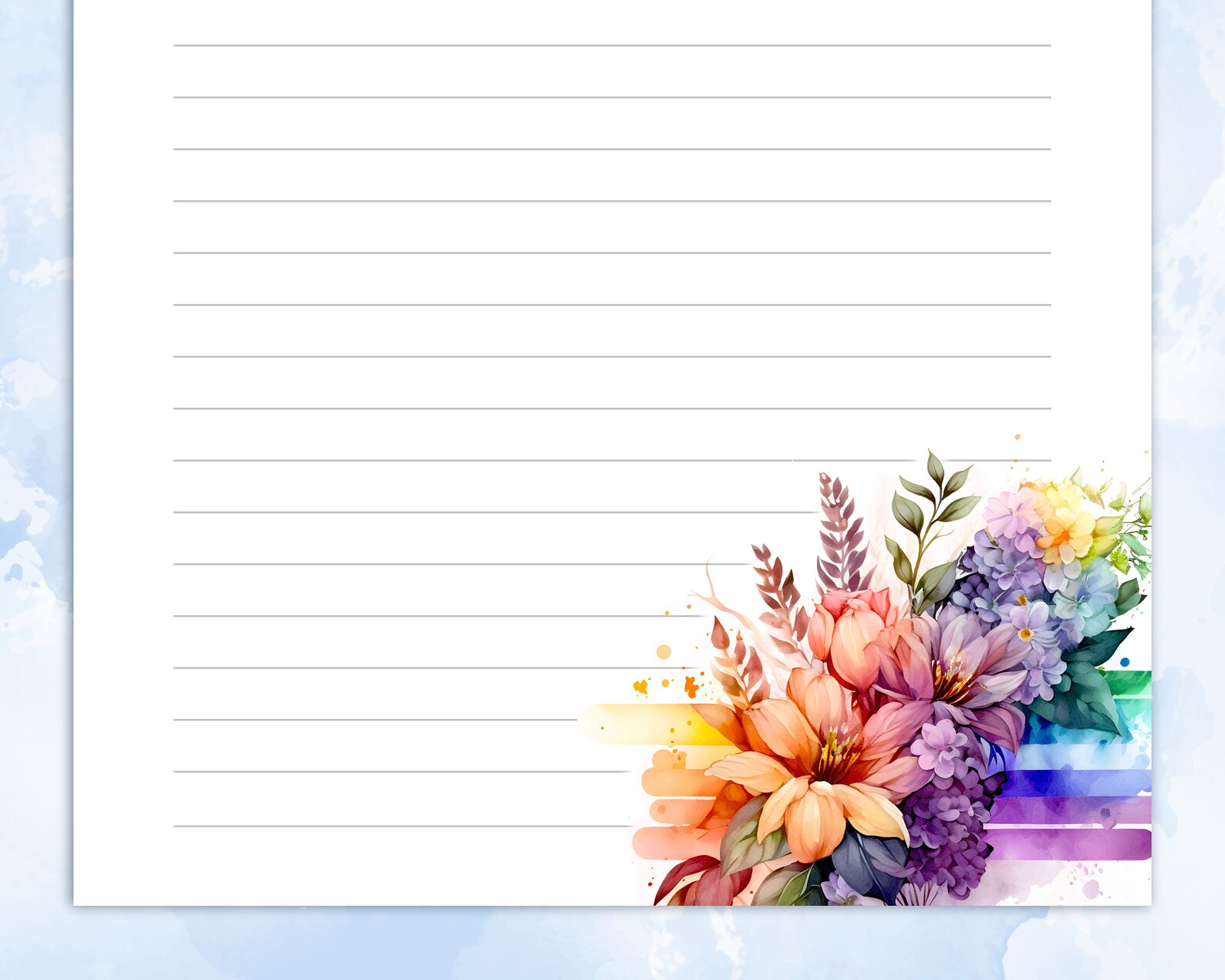 Printable Stationery Lined Paper With Colorful Flowers in Rainbow ...