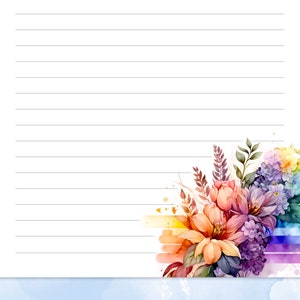Printable Stationery Lined Paper With Colorful Flowers in Rainbow ...