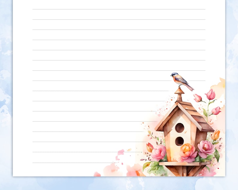 Printable Stationery Paper With Birdhouses and Birds, Spring Printable ...