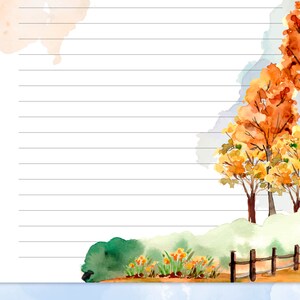 Printable Stationery Paper With Watercolor Yellow Trees in the Field ...