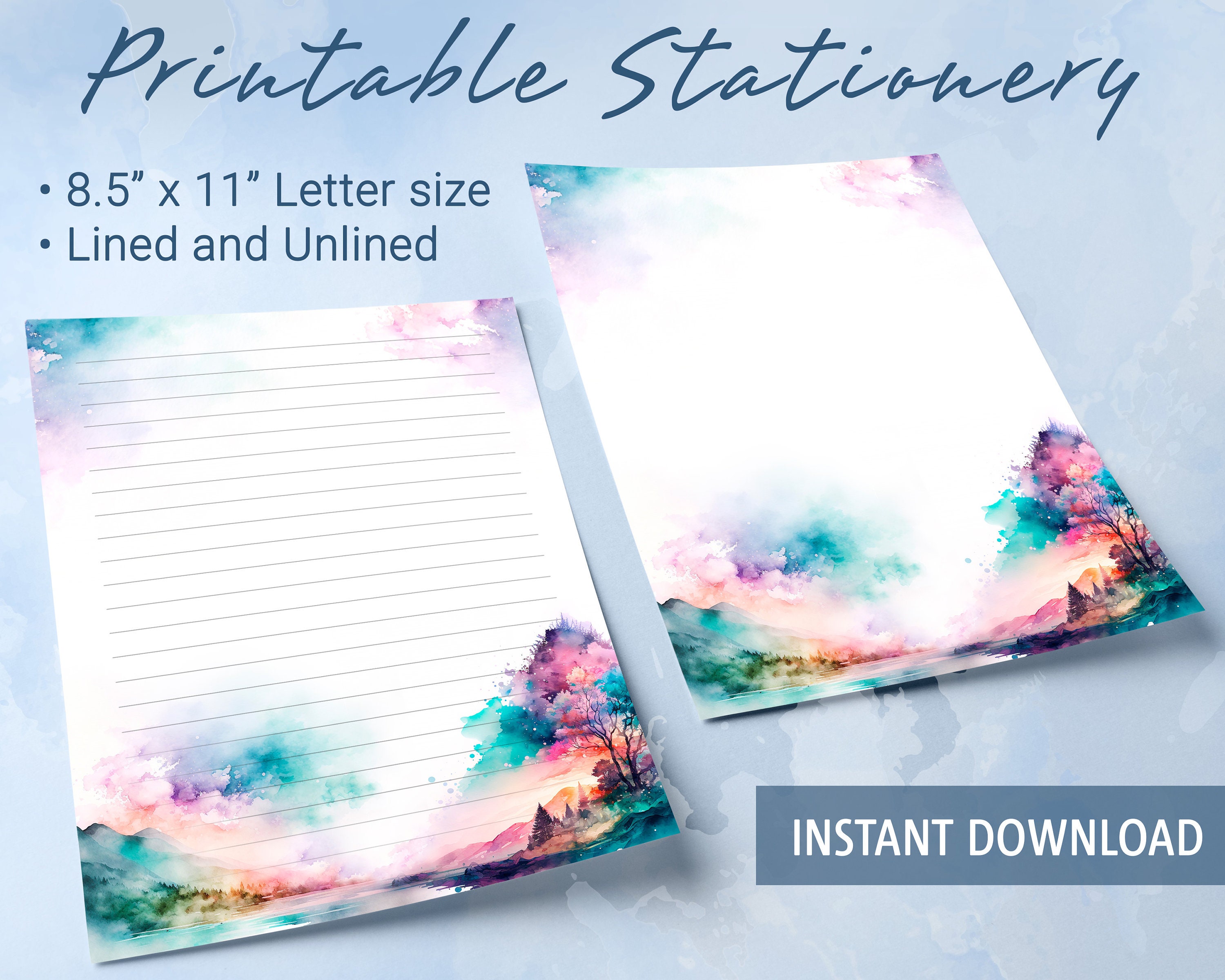 Printable Stationery Lined Paper With Magical Beautiful Watercolor ...