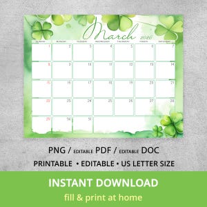 March Editable Word Calendar 2026 - Etsy
