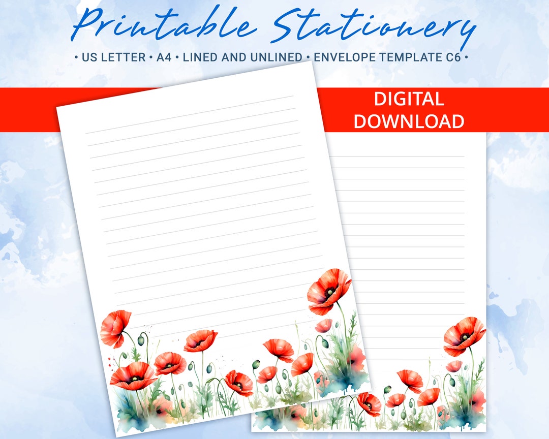 Printable Stationery Lined Paper, Letter Writing Paper With Bright ...