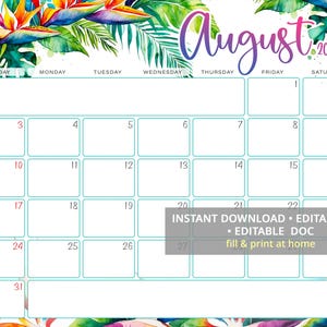 Editable August 2025 Calendar, Tropical Printable Planner, Bird of ...