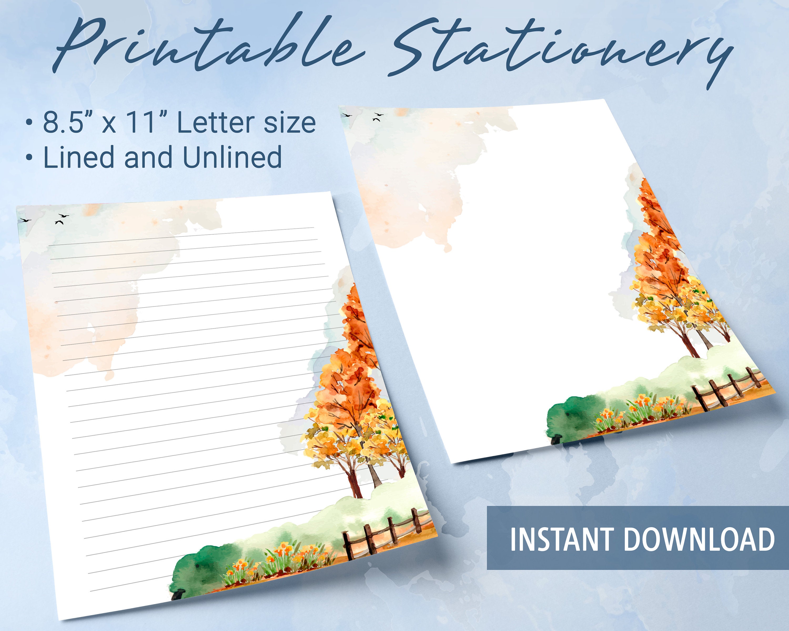 Printable Stationery Paper With Watercolor Yellow Trees in the Field ...