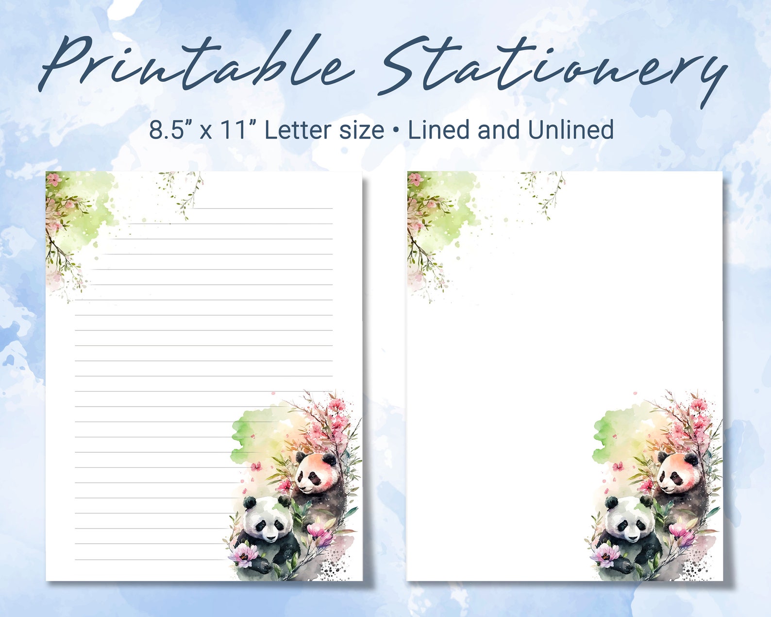 Printable Stationery Lined Paper With Watercolor Panda, Printable ...
