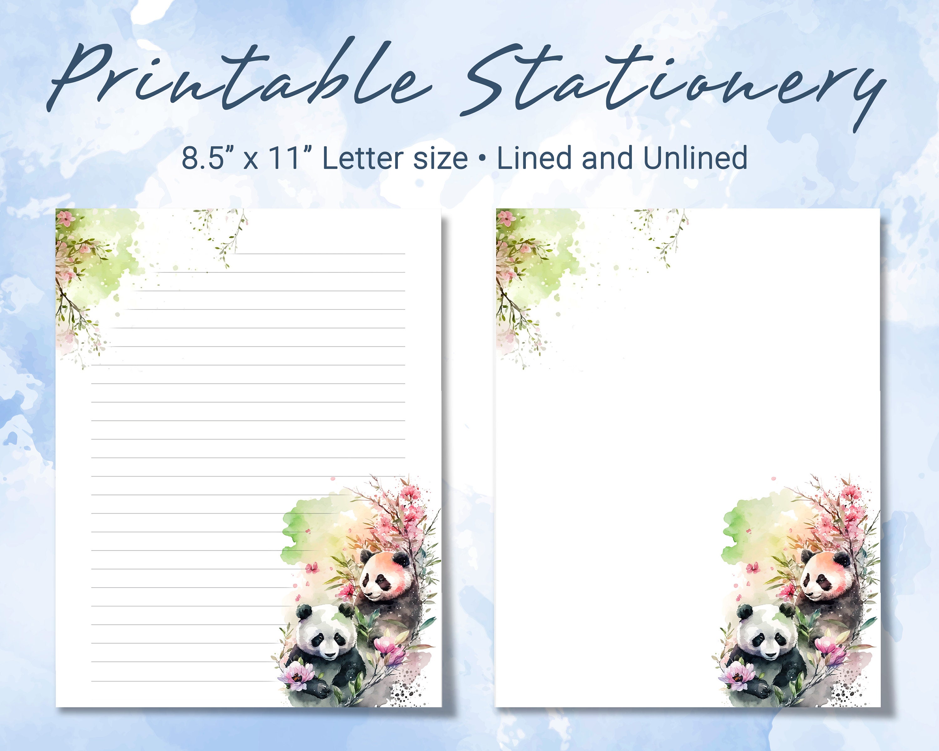 Printable Stationery Lined Paper With Watercolor Panda, Printable ...