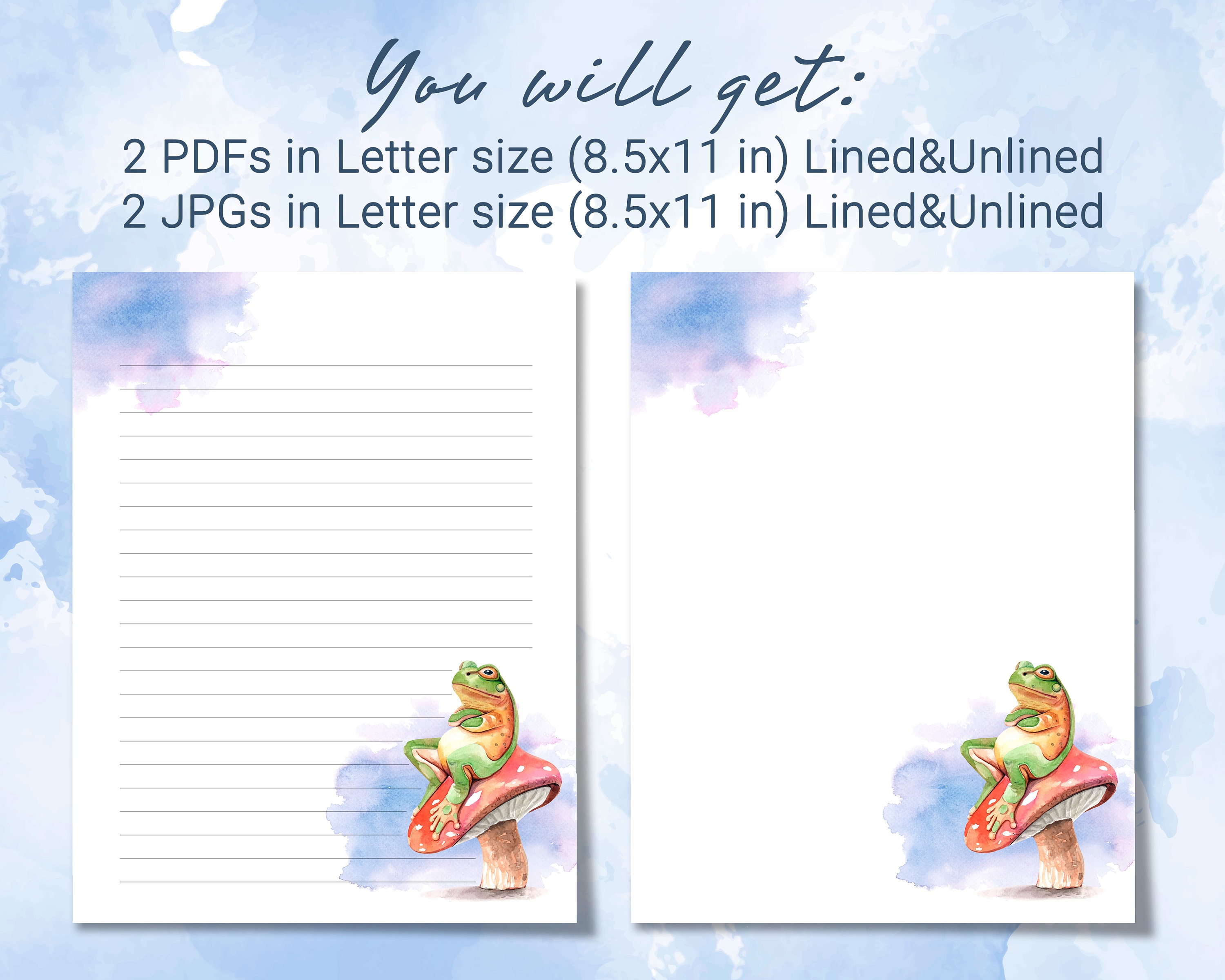 Printable Stationery Lined Paper, Watercolor Frog on Mushroom Printable ...